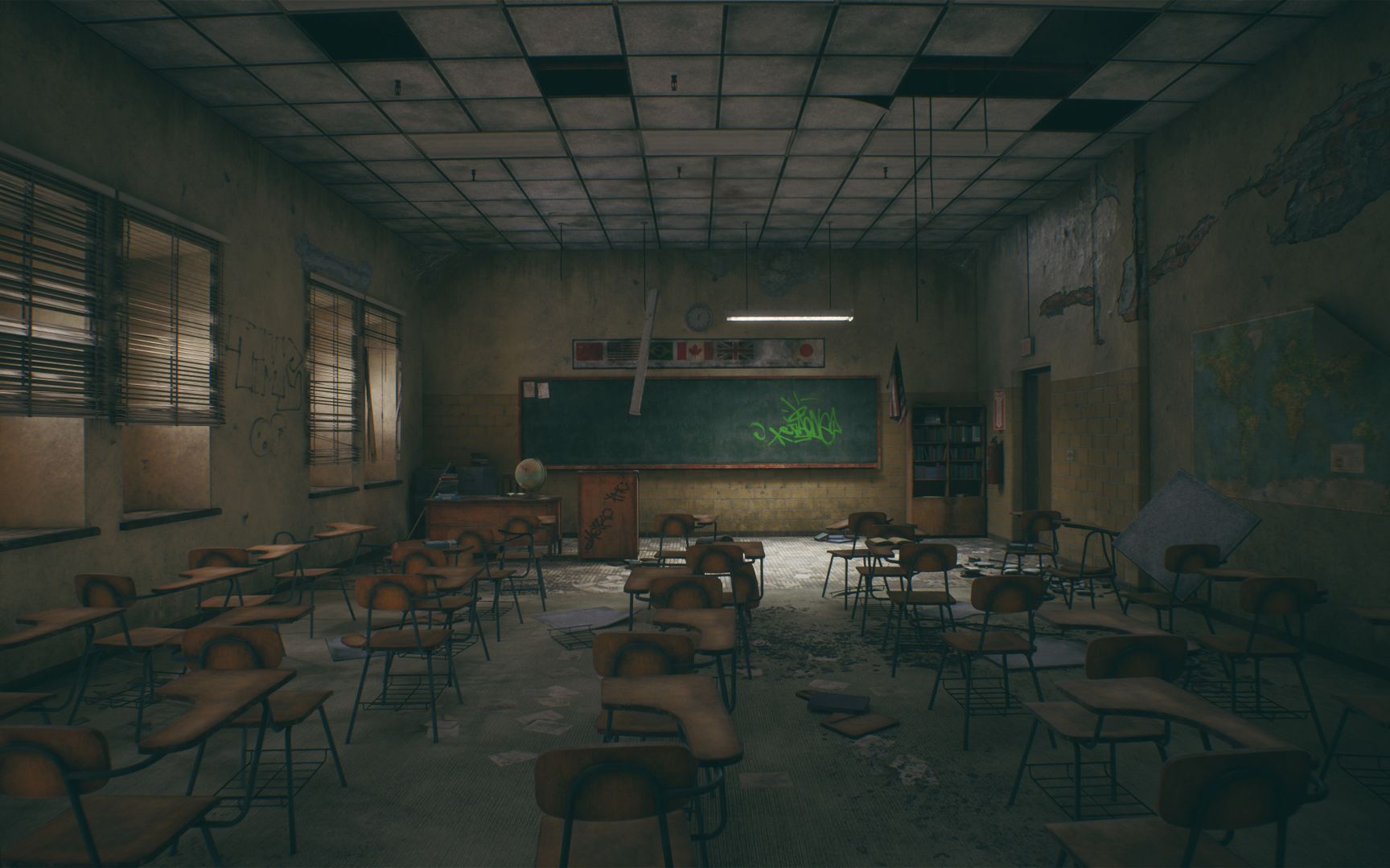 废弃恐怖学校建筑内外部场景虚幻引擎UE游戏素材 演示视频 RRCG