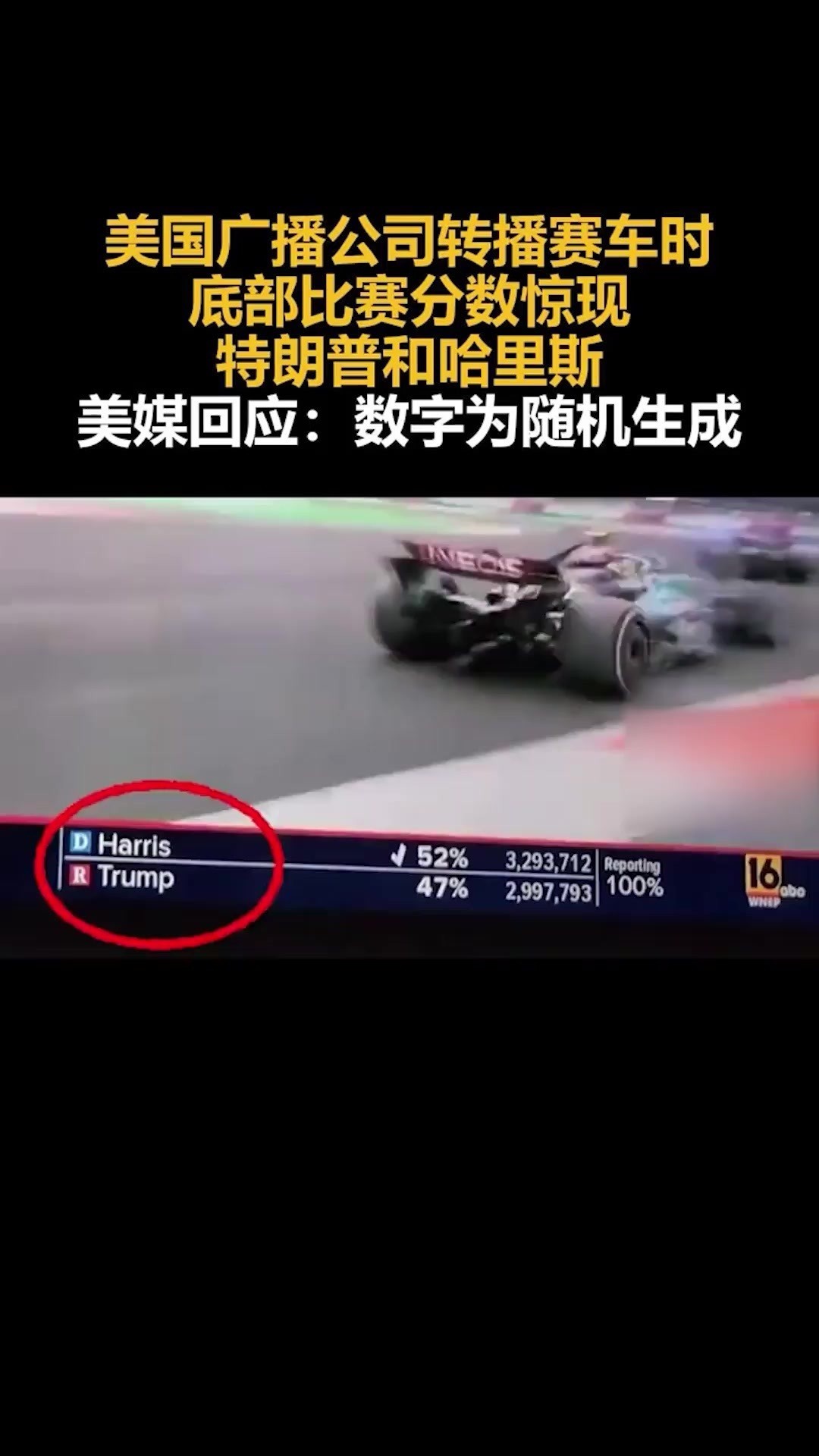 ...转播赛车时底部分数惊现特朗普和哈里斯,美媒回应:数字为随机生成