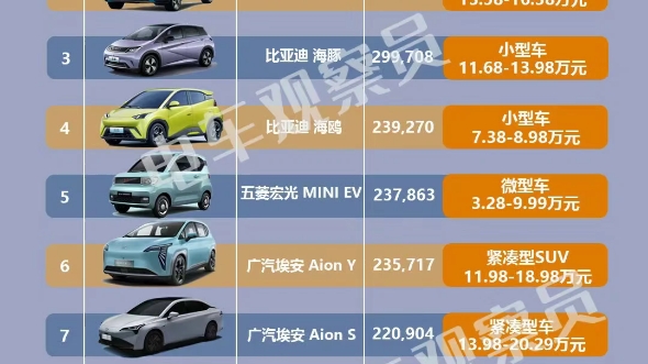 2023年全年纯电动车销量排行,第一名居然卖了这么多。