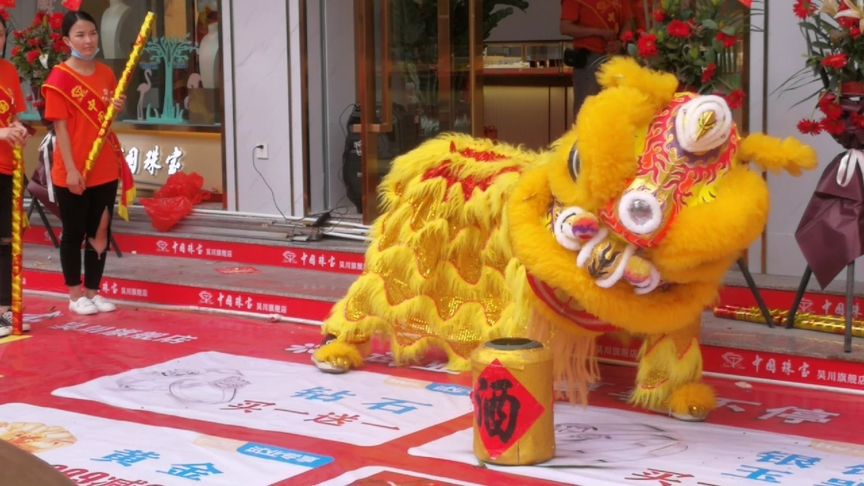 旁边金铺开业,老板豪气请了醒狮团队表演开门红,专业粤西醒狮。