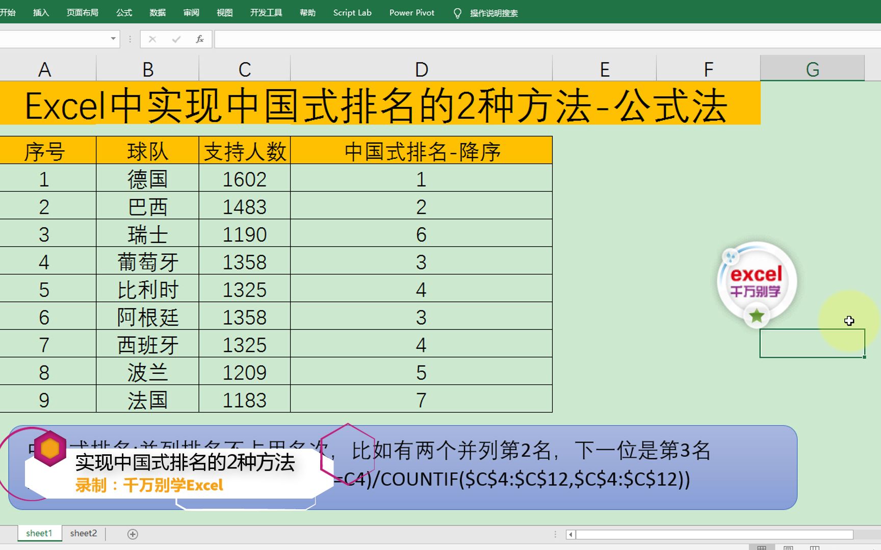 Excel中实现中国式排名的2种方法