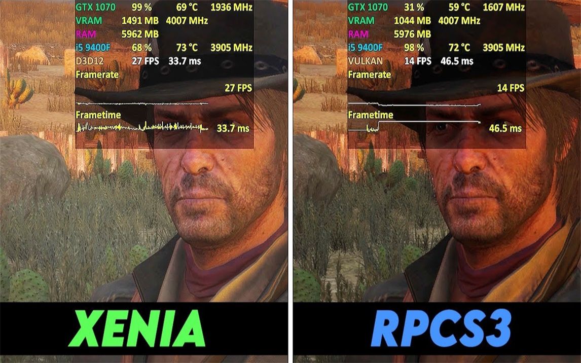 《荒野大镖客:救赎1》 XENIA(Xbox 360模拟器) vs RPCS3(PS3模拟器...