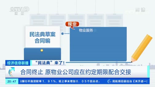 [经济信息联播]“民法典”来了!合同终止 原物业公司应在约定期限配合...