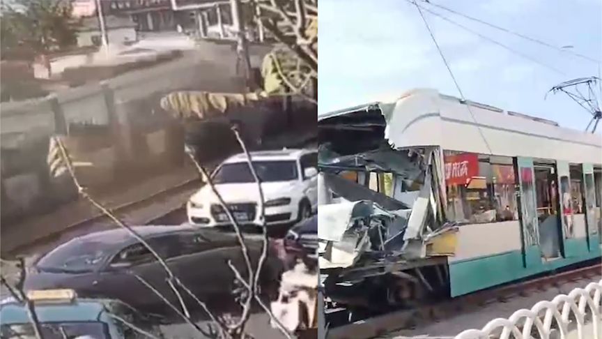 大连有轨电车相撞瞬间:运行车辆撞上在轨停靠车辆
