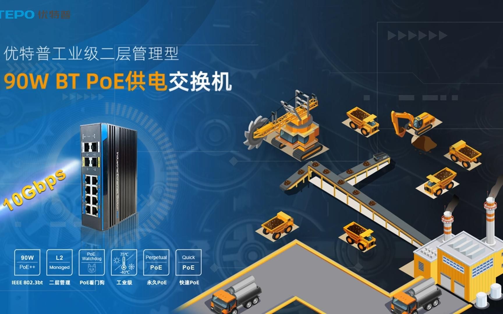 优特普工业级12口千万混合PoE二层管理型交换机,90W BT PoE供电!...