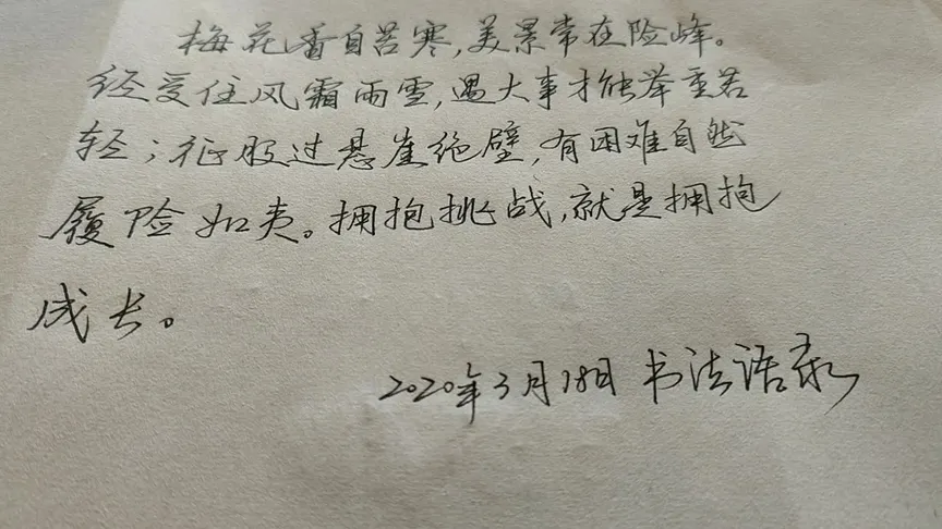 硬笔书法,励志经典语录:梅花香自苦寒,美景常在险峰。