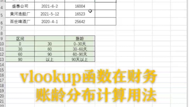Vlookup函数在会计计算账龄分布的用法