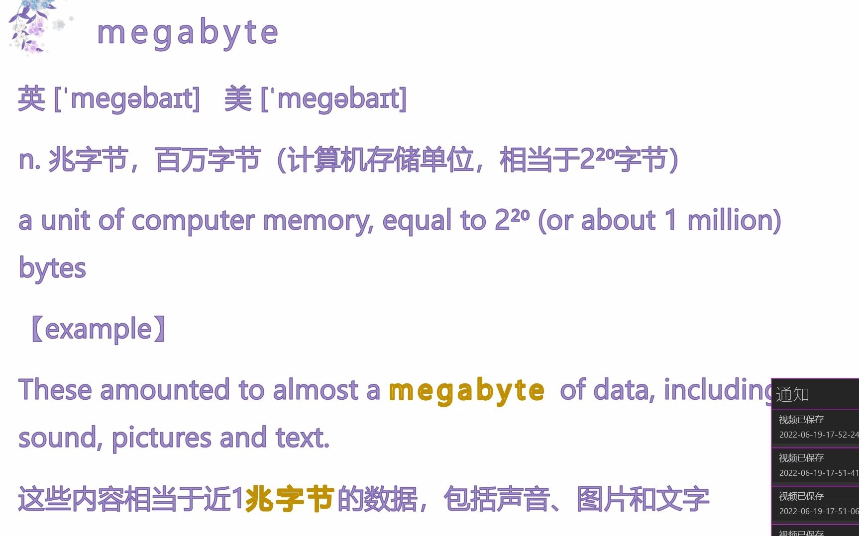 megabyte兆字节,百万字节(计算机存储单位,相当于2²⁰字节)