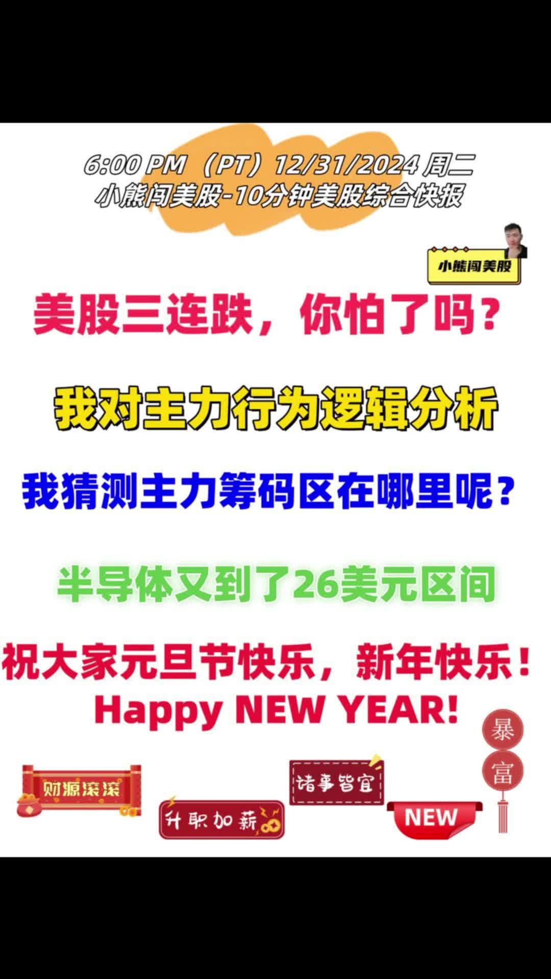 美股三连跌,你怕了吗? 6:00 PM (PT)12/31/2024 周二小熊闯美股-10...