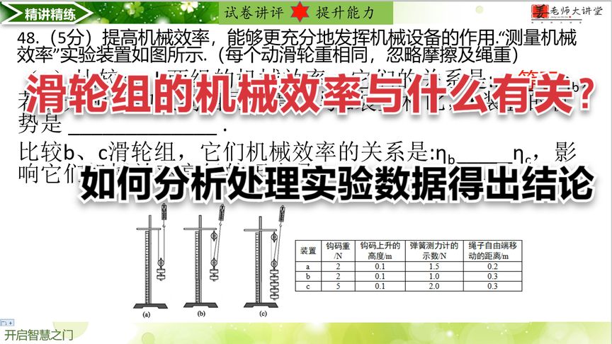 测量机械效率的实验中,如何分析处理实验数据得出结论?