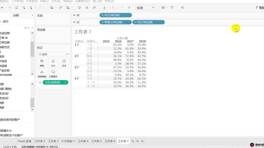 u tableau里面计算年同比数据