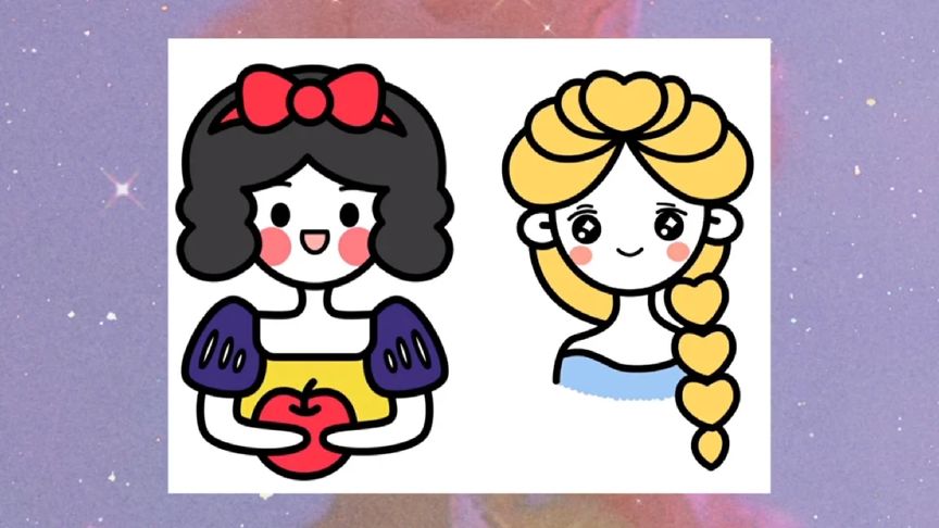 白雪公主和冰雪情缘爱莎公主简笔画,简单又可爱,一起画画吧!