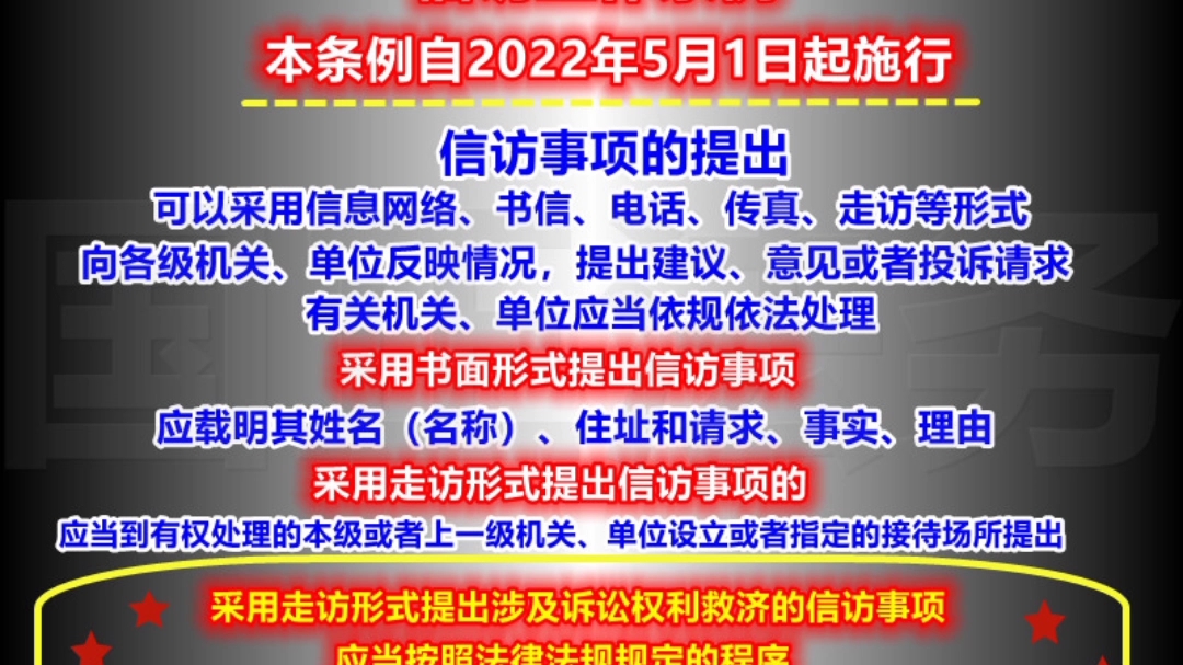 信访工作条例将于2022年5月1日起施行,采用走访形式提出涉及诉讼...
