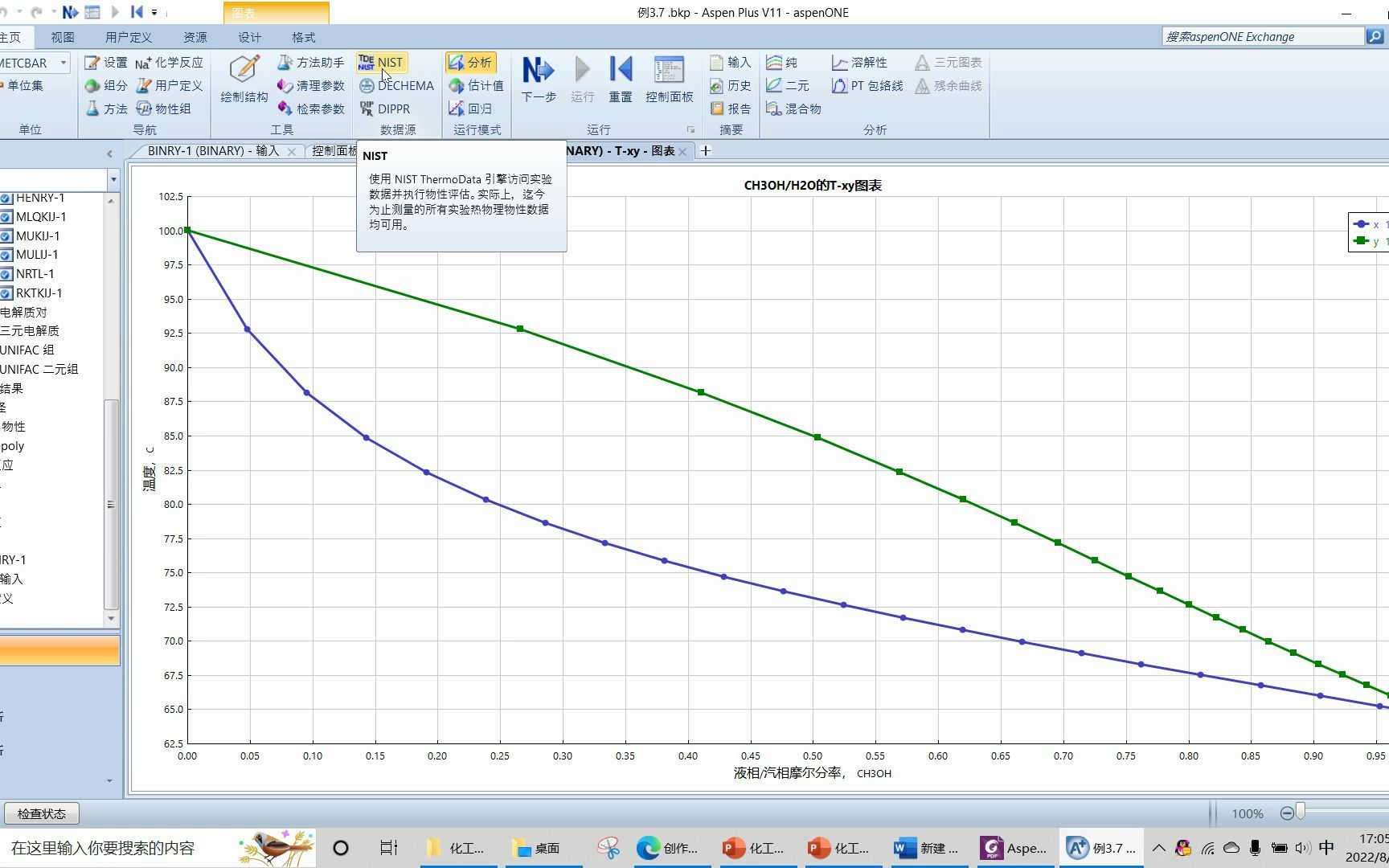 例3.7 物性分析功能-物性环境-二元分析-T-xy相图;TDE实验数据-T-xy...