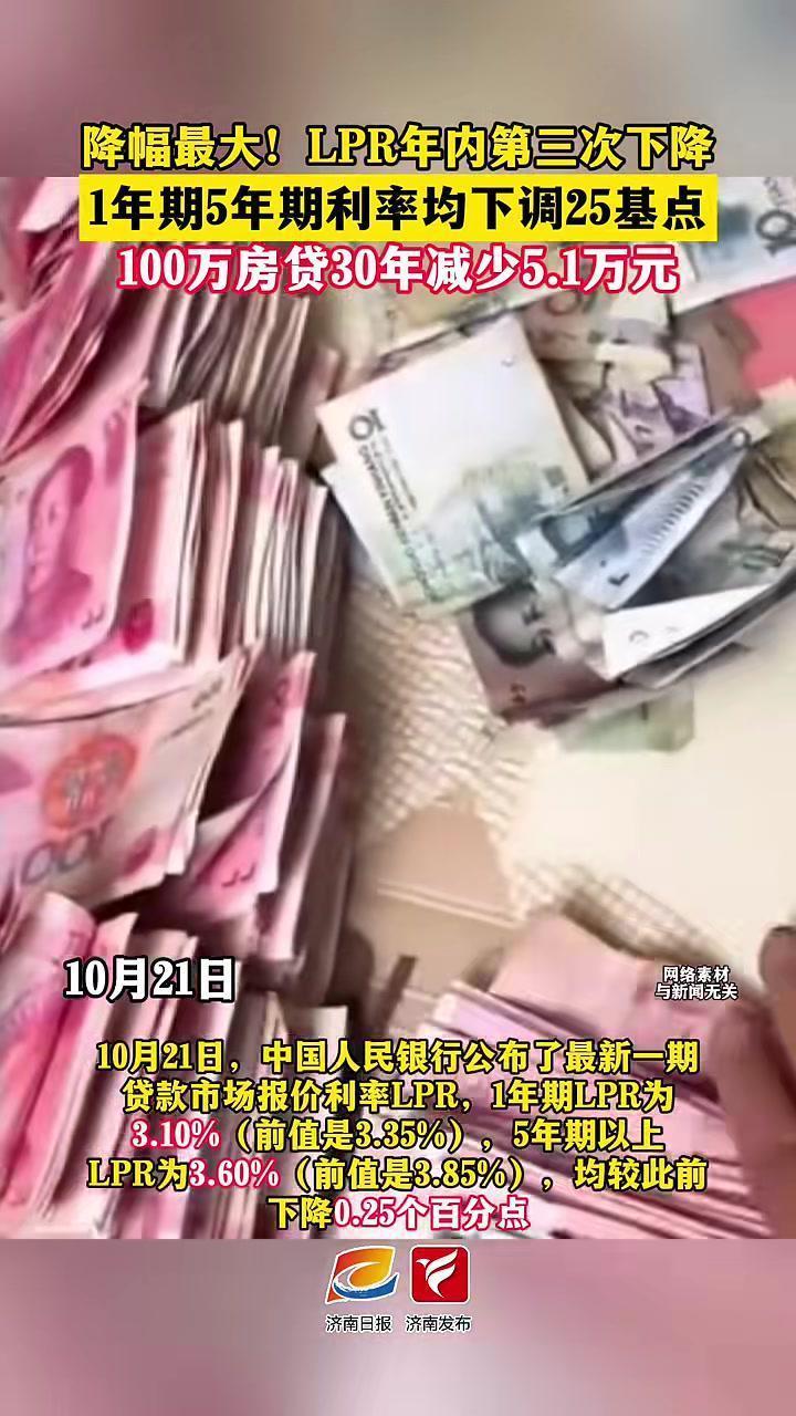 降幅最大!LPR年内第三次下降1年期5年期利率均下调25基点100万房贷...