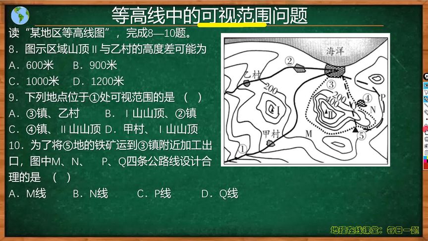 等高线中的可视范围、高差的计算、公路的选址等问题