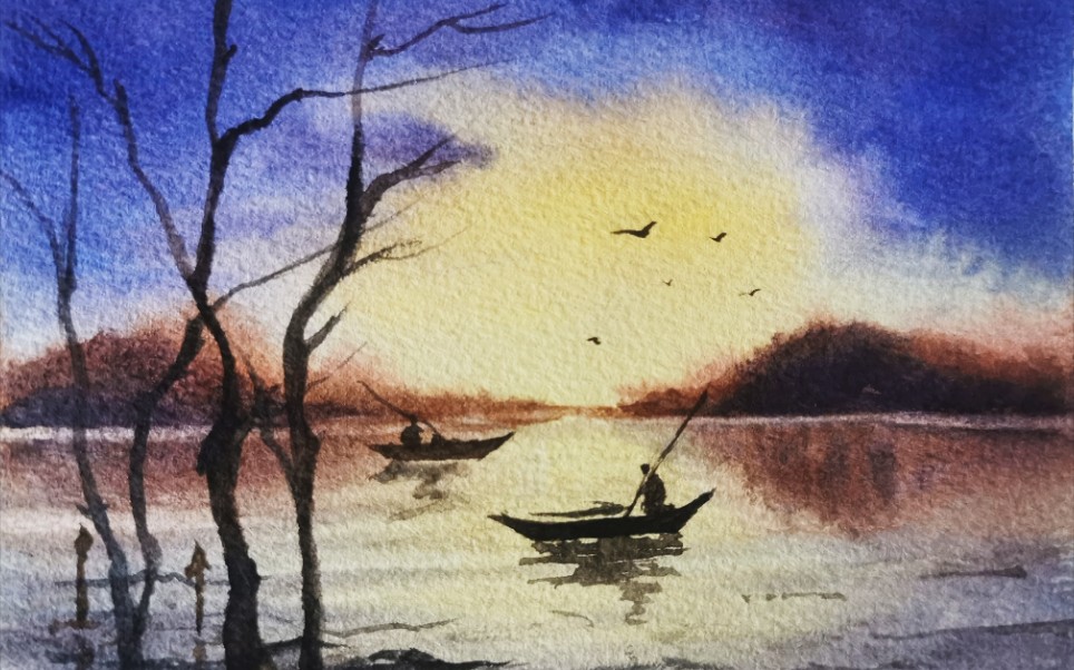 简单山湖水彩风景画‖手绘过程/日常绘画练习