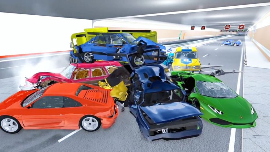 BeamNG:一群汽车开足马力冲过破胎器连环相撞,车祸模拟器