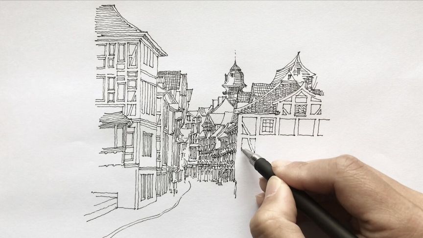 建筑钢笔画手绘画法,注意线条粗细的运用,完成一幅作品就不难了