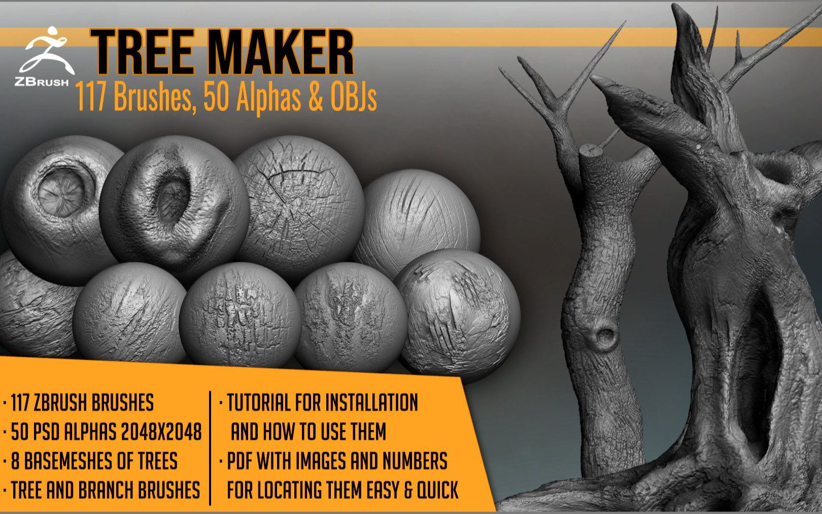 Zbrush2021!雕刻粗糙-光滑-裂缝-打结树干117个笔刷!(原文件下载)