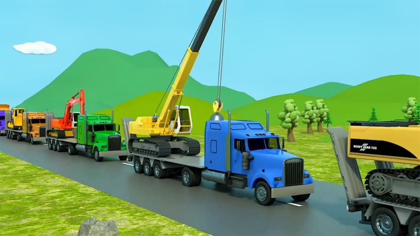 大卡车运来了工程车队,挖掘机推土机表演,工程车益智动画