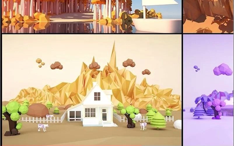 C4D低多边形模型场景一键出图低面体小岛屿山景工程源文件素材