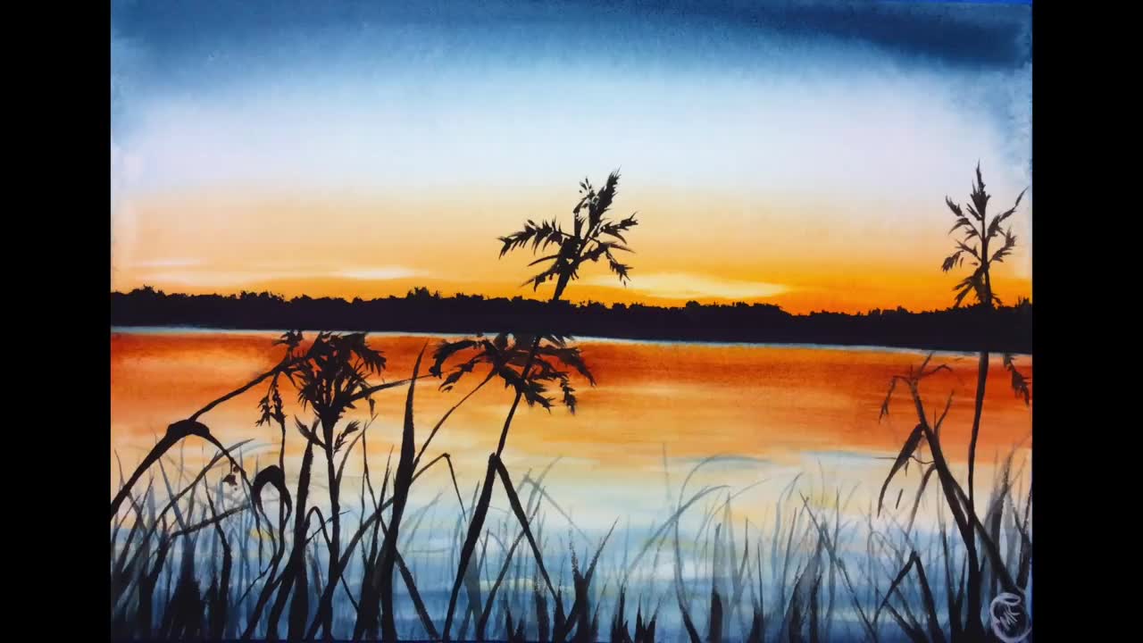 湖面日出水彩绘画