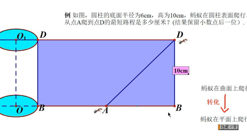 蚂蚁在圆柱表面爬行的最短路程问题