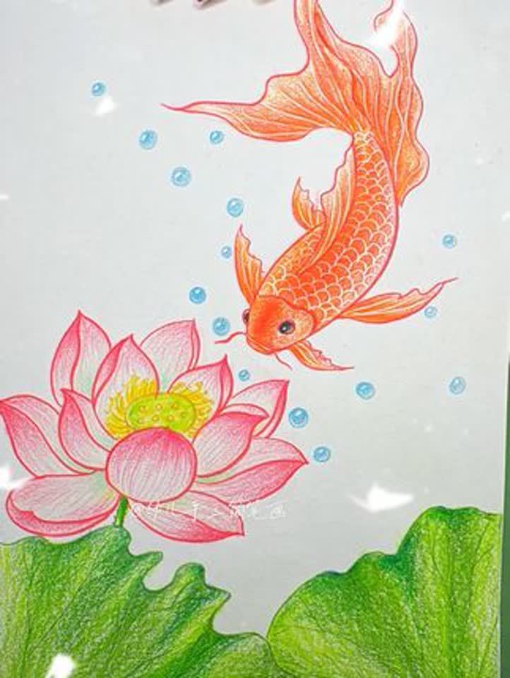 今天画"鱼戏荷花"图 #彩铅手绘 #儿童画 #简笔画 #年画 #国风古韵