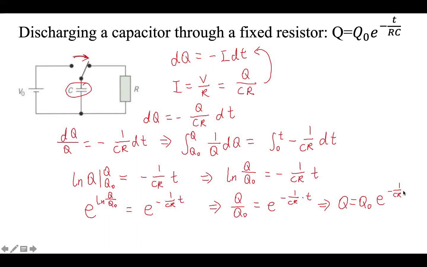 电容放电公式的推导#Discharging a capacitor through a fixed resistor