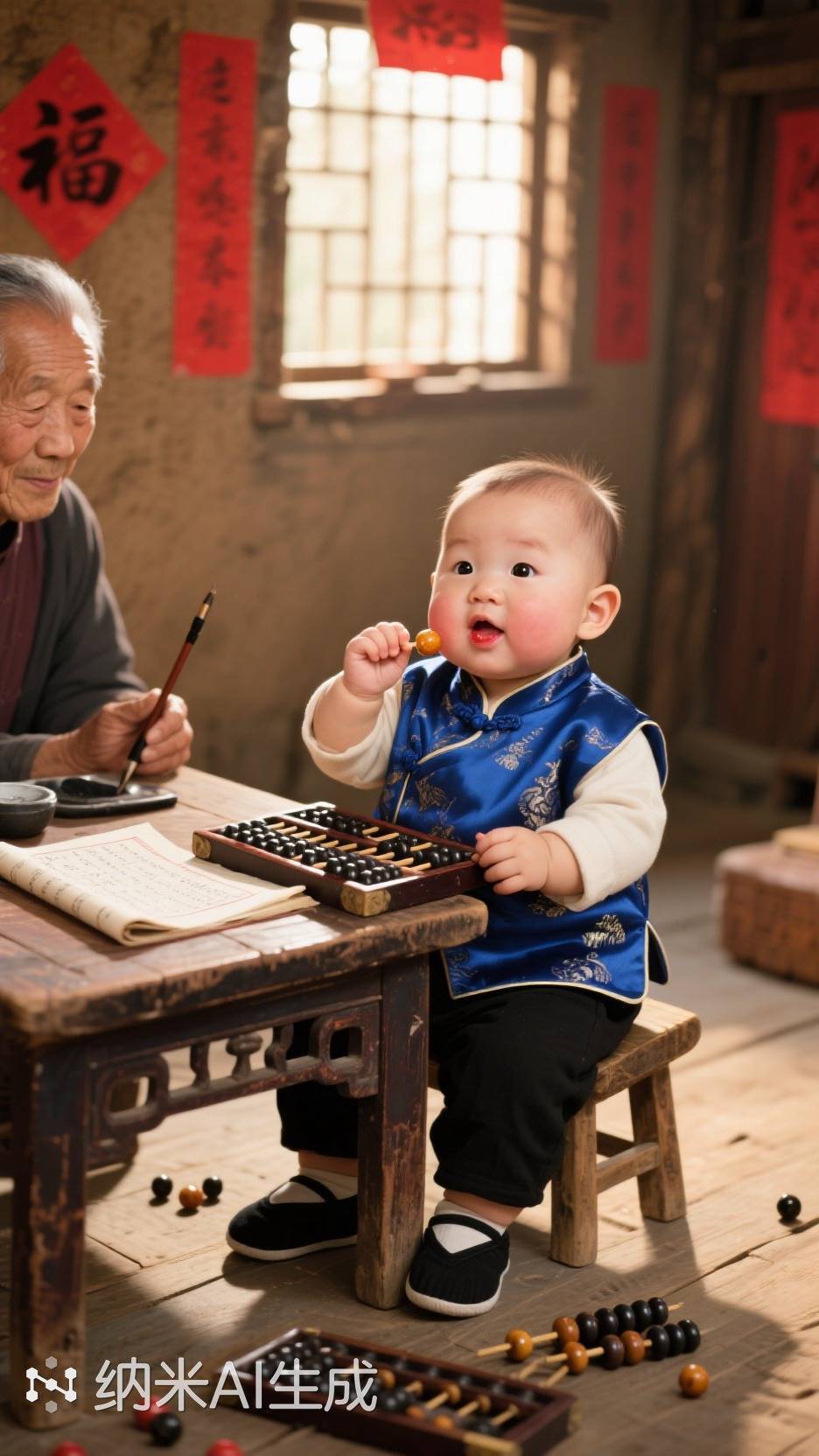 胖娃娃学算账拨得算珠满地滚,还把算珠当糖舔 #萌娃