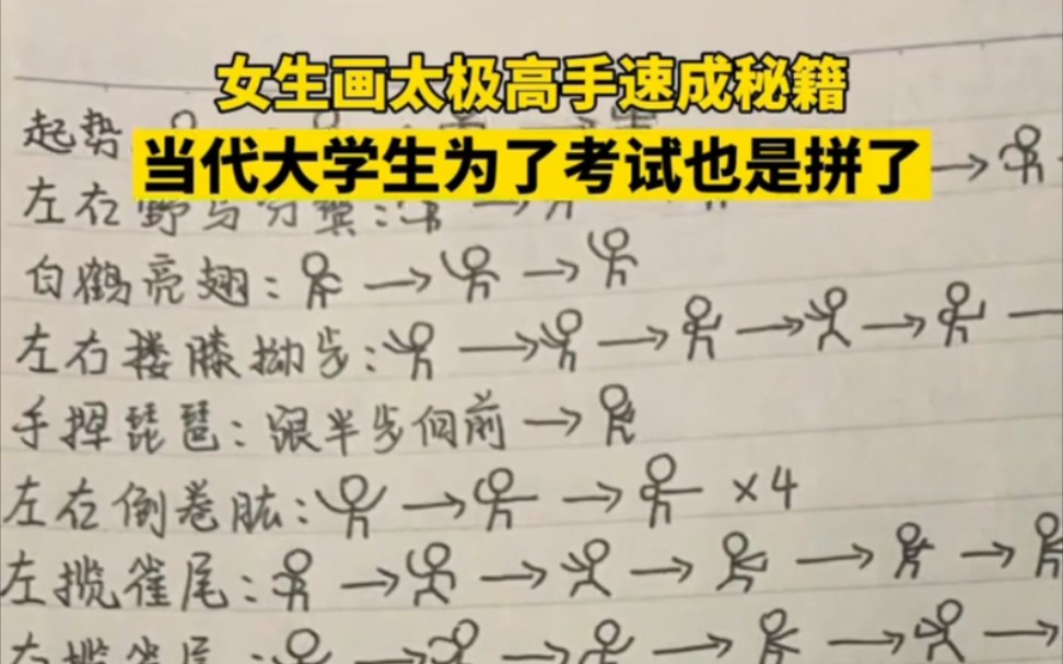 女生为了通过考试画太极高手速成秘籍!妥妥的武林秘籍!