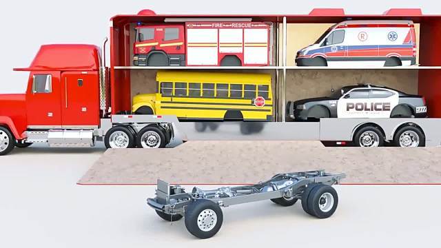 拖挂车拉了好多卡通车,给它们找到合适的轮子