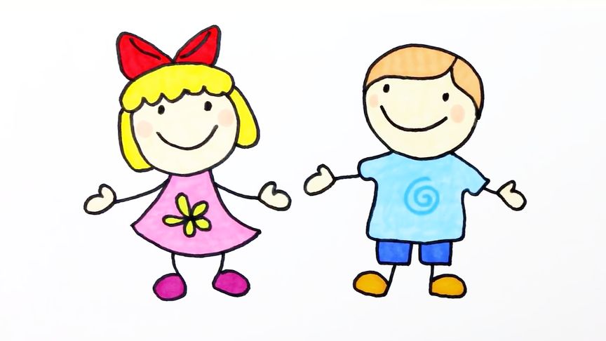 一对可爱的小朋友简笔画儿歌