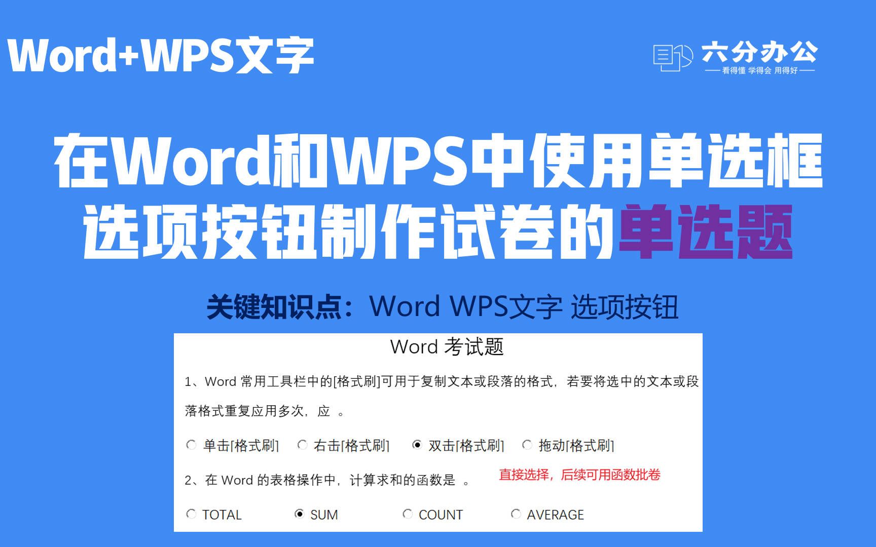 在Word和WPS中使用单选框选项按钮制作试卷的单选题