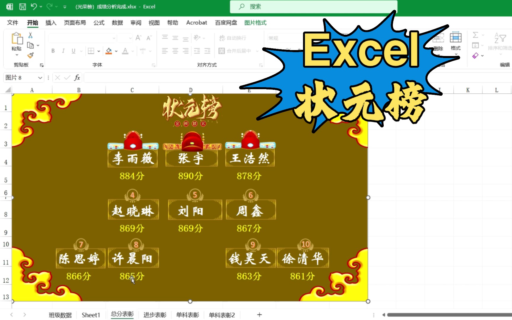Excel成绩表彰-状元榜(含模板下载)