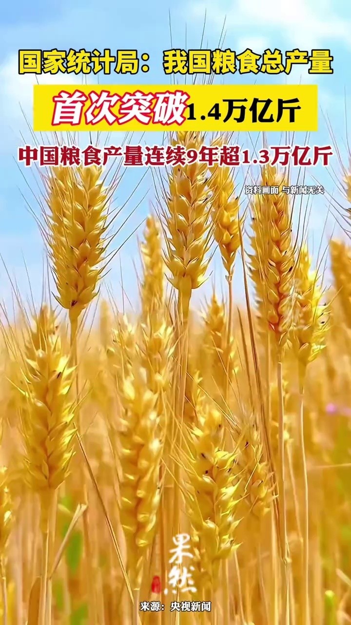 国家统计局:我国粮食总产量首次突破1.4万亿斤,中国粮食产量连续9年...
