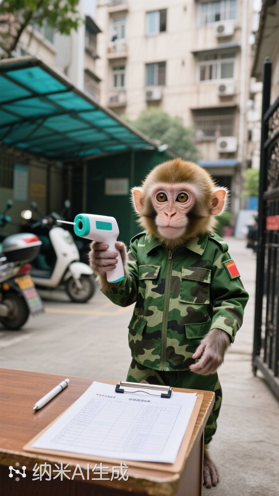 动物:小猴子穿迷彩站岗测体温,登记表前超认真呀 #萌宠