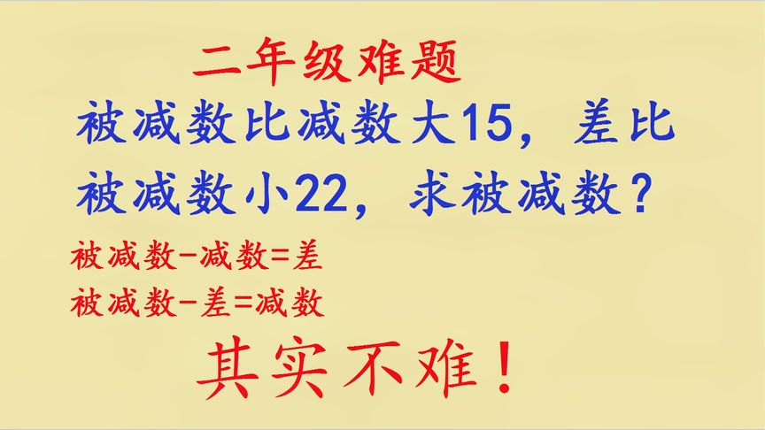 二年级数学:被减数比减数大15,差比被减数小22,求被减数