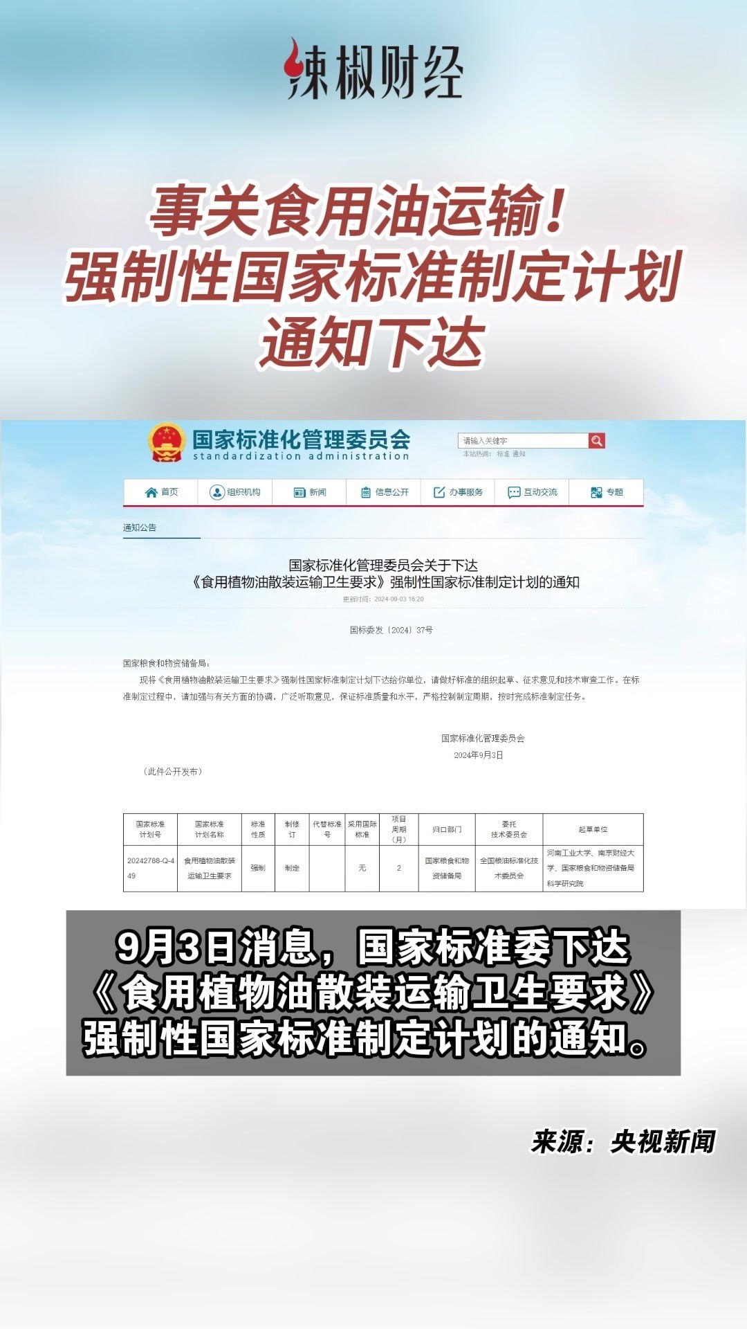 事关食用油运输卫生!强制性国家标准制定计划通知下达