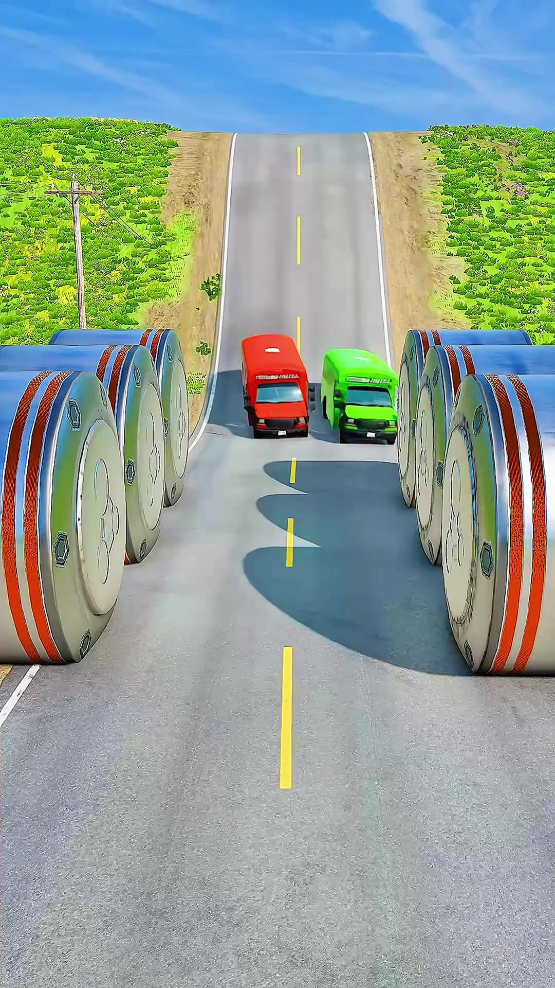 汽车大闯关 红色和绿色的卡车一起闯关三重液压机赛道 #卡车 #汽车...