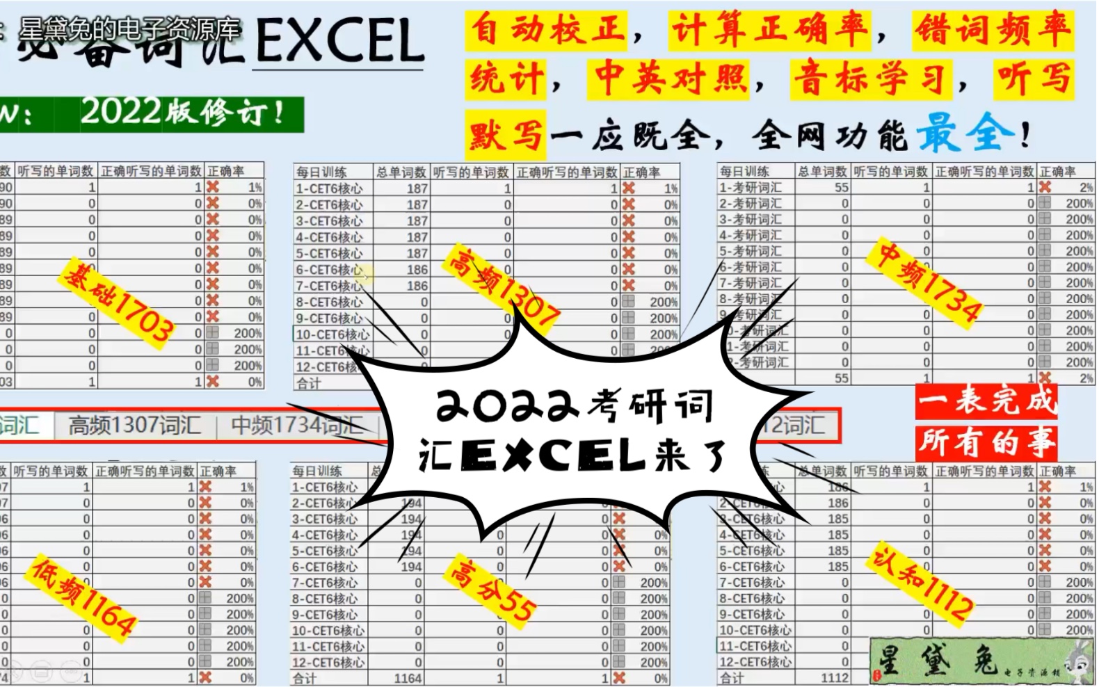 ...2022修订版考研大纲单词Excel版自动校正正确率错词统计中英音标(...