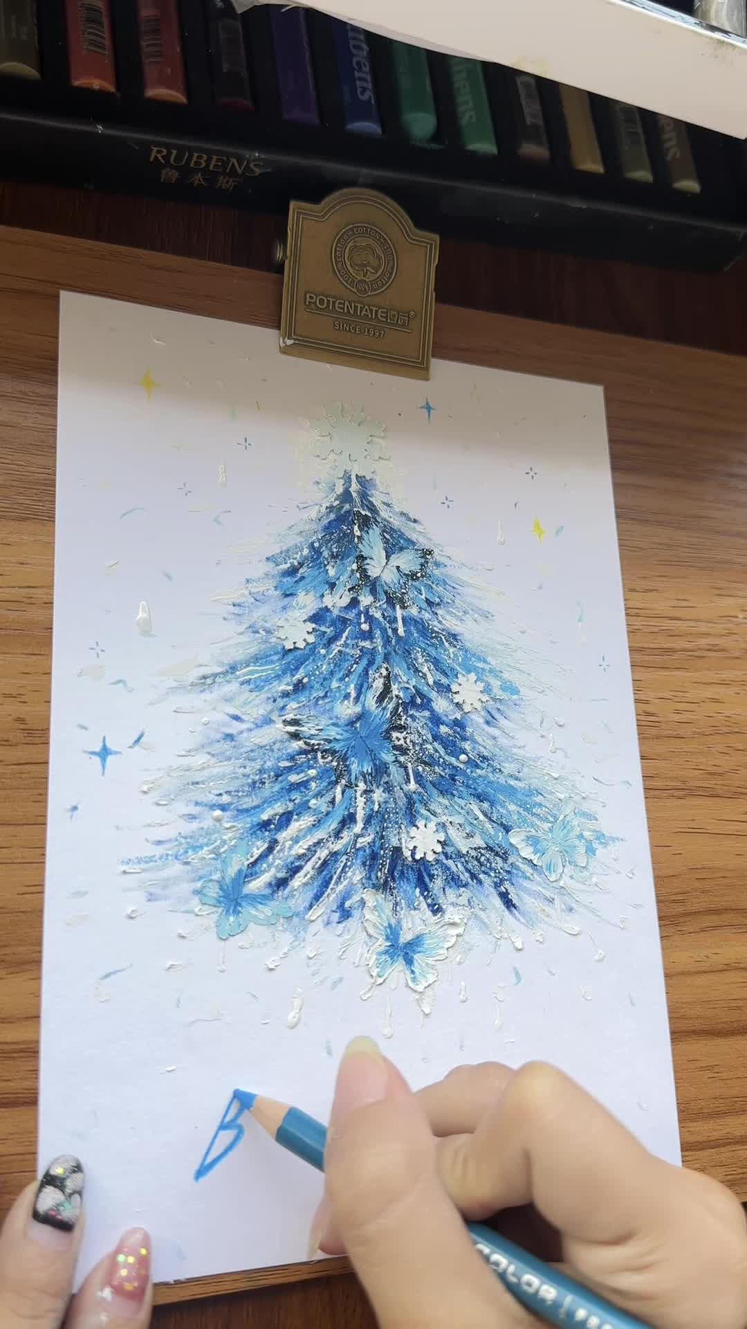 一起来画圣诞树ߎ�·蝴蝶冰雪圣诞树|油画棒圣诞树保姆级教程 #圣诞...