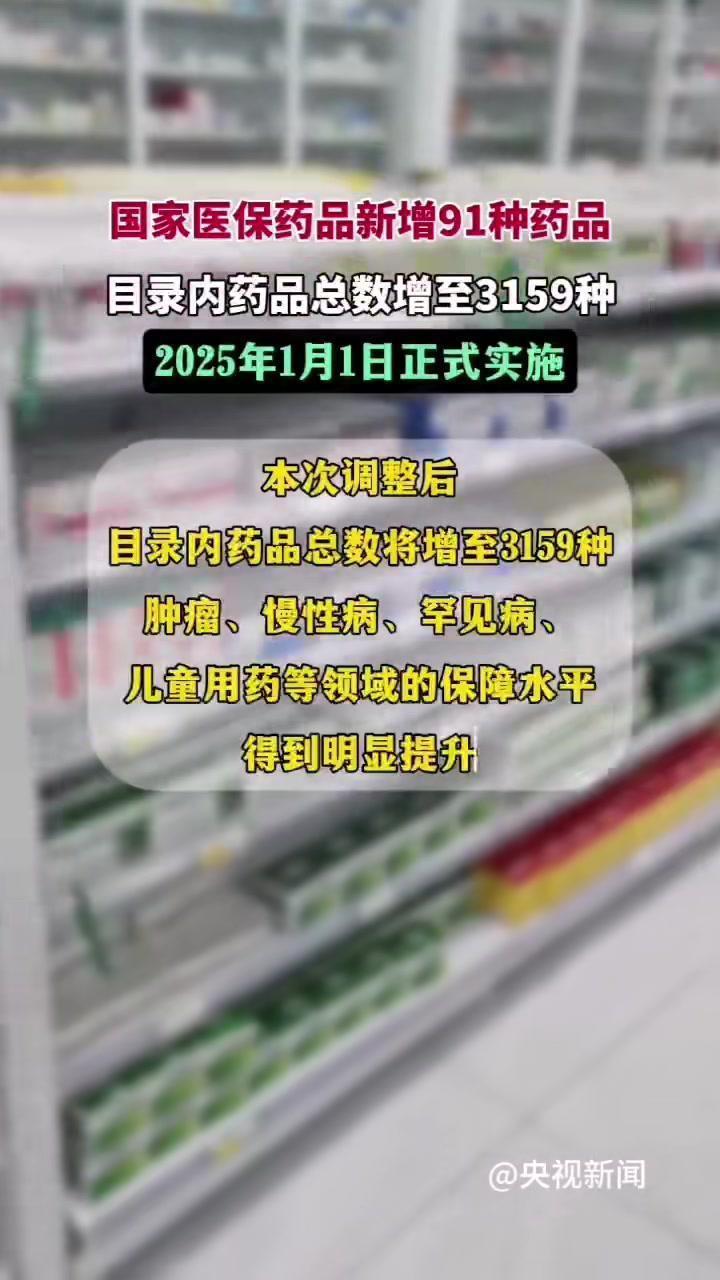 国家医保药品新增91种药,目录内药品总数增至3159种,2025年1月1日...