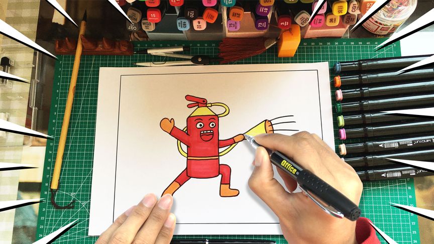 美术老师教你画简笔画:可爱灭火器,简单又好看