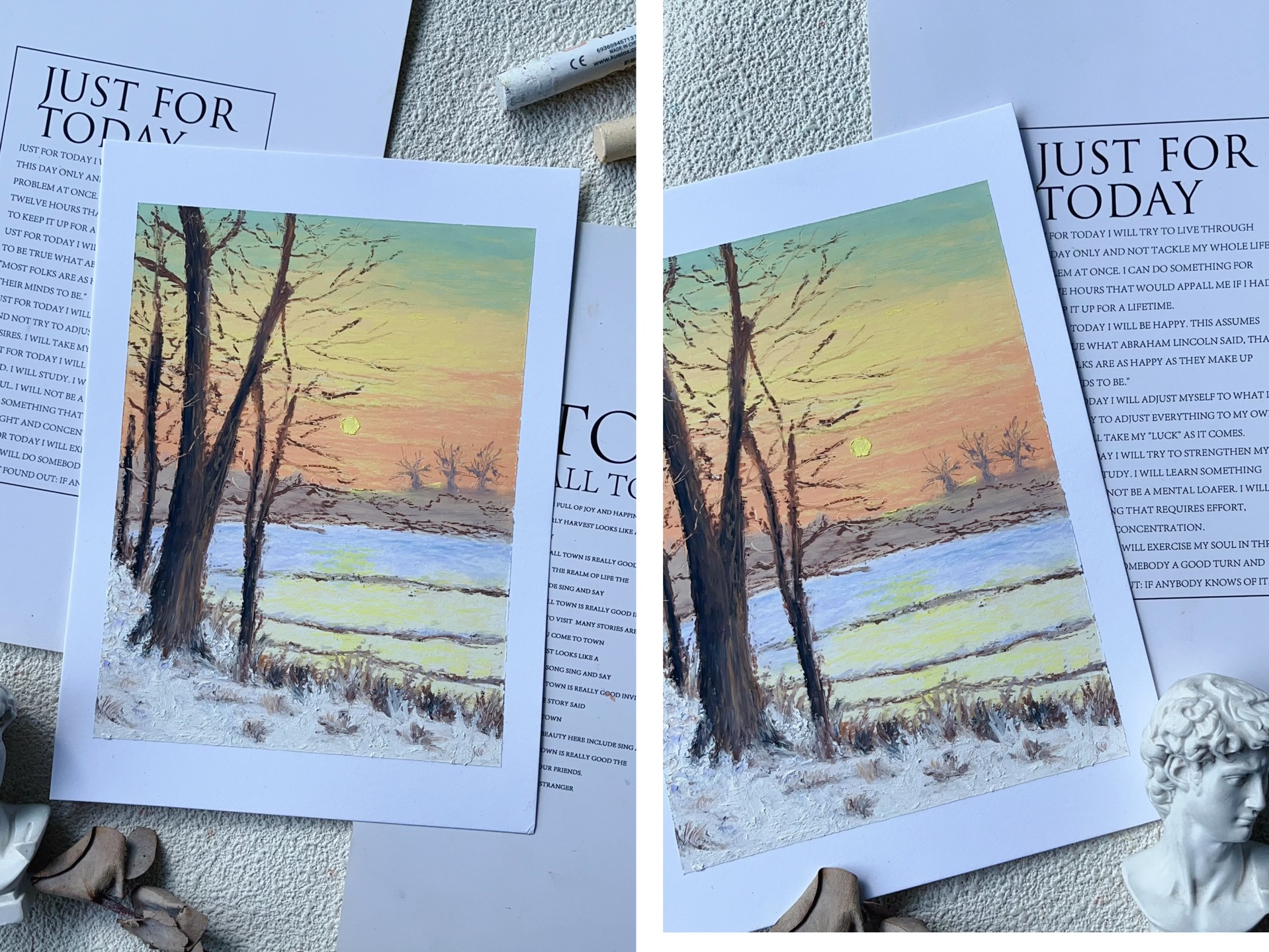 油画棒教程|雪地里的日落|附详细教程|经典色,莫兰迪,马卡龙色系