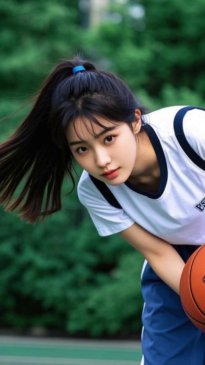 ...的年轻女孩,身穿运动背心和高腰短裤,双手紧握篮球呈投篮预备姿势,...