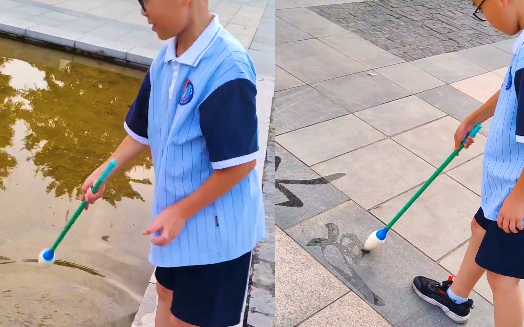 男孩用毛笔蘸水在地上写字,字体苍劲有力行云流水,引众人夸赞