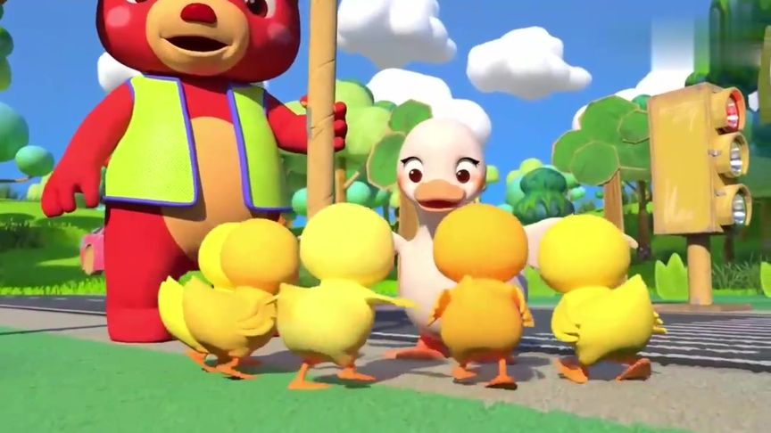 早教英语儿歌动画。小宝宝小鸭子过马路要遵守交通规则,走斑马线