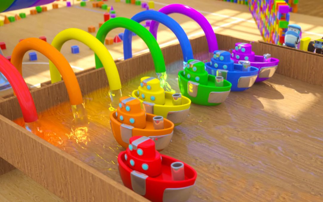 趣味玩具车英语动画,教会孩子们认识水果并学习颜色-挖土机,卡车,飞机...